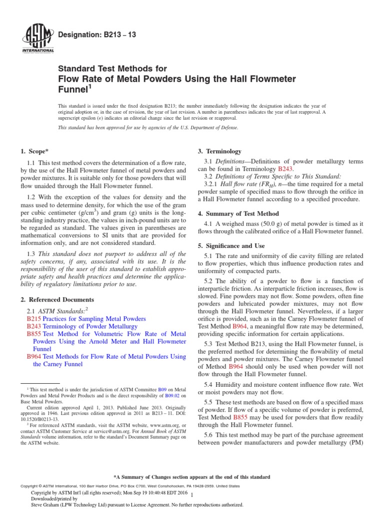 ASTM B213 Flow Rate of Metal Powders Using The Hall Flowmeter Funnel ...