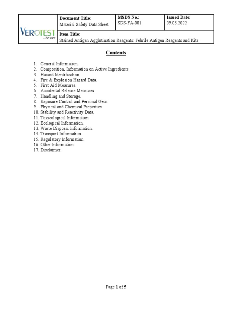 Febrile Antigen Reagents Safety Data Sheet | PDF | Hazards | Laboratories