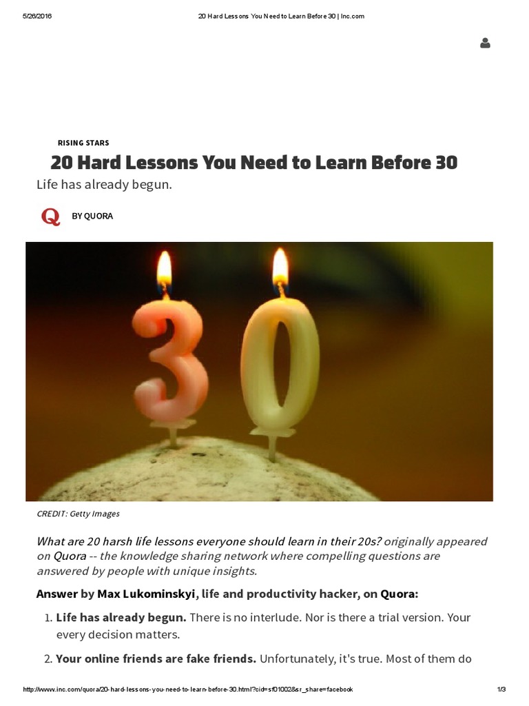 Hard Life Lessons Before 30 | PDF | Psychology | Cognitive Science