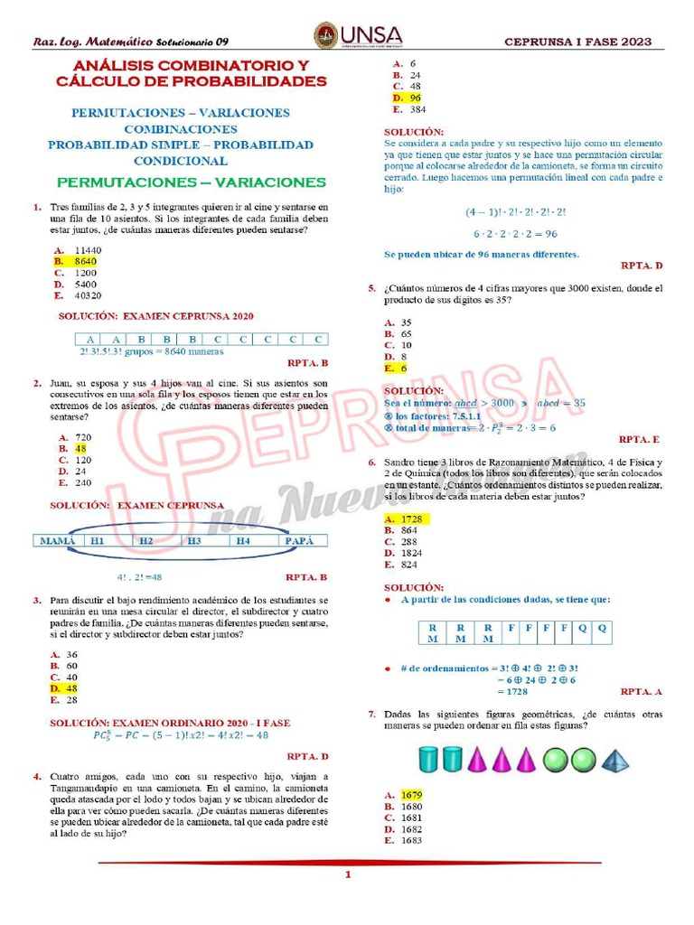 Práctica #09 Solucionario Raz. Log. Matemático - Ceprunsa I Fase 2023 | PDF