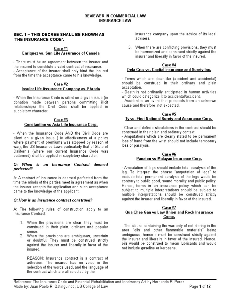 Notes On Insurance Code Sec.1 31 Reference Sec. Hernando Perez For Fair ...