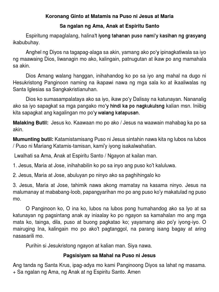 Koronang Ginto at Matamis Na Puso Ni Jesus at Maria | PDF