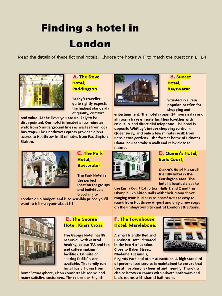 London Hotels Reading Comprehension Exercises Tests - 28909 | Download ...