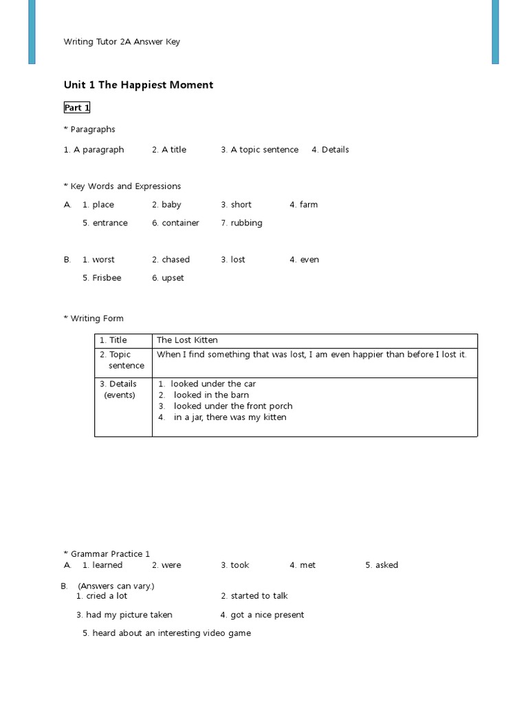 Writing Tutor 2A Answer Key Guide | PDF | Language Arts & Discipline