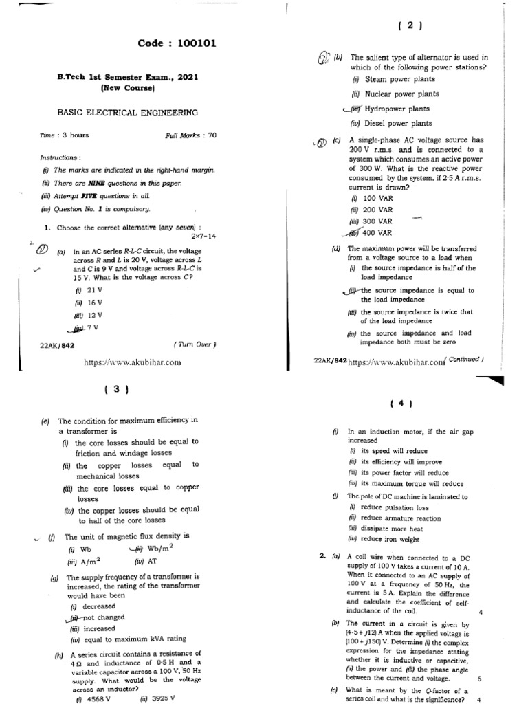 Btech 1 Sem Basic Electrical Engineering 100101 2021 Pdf