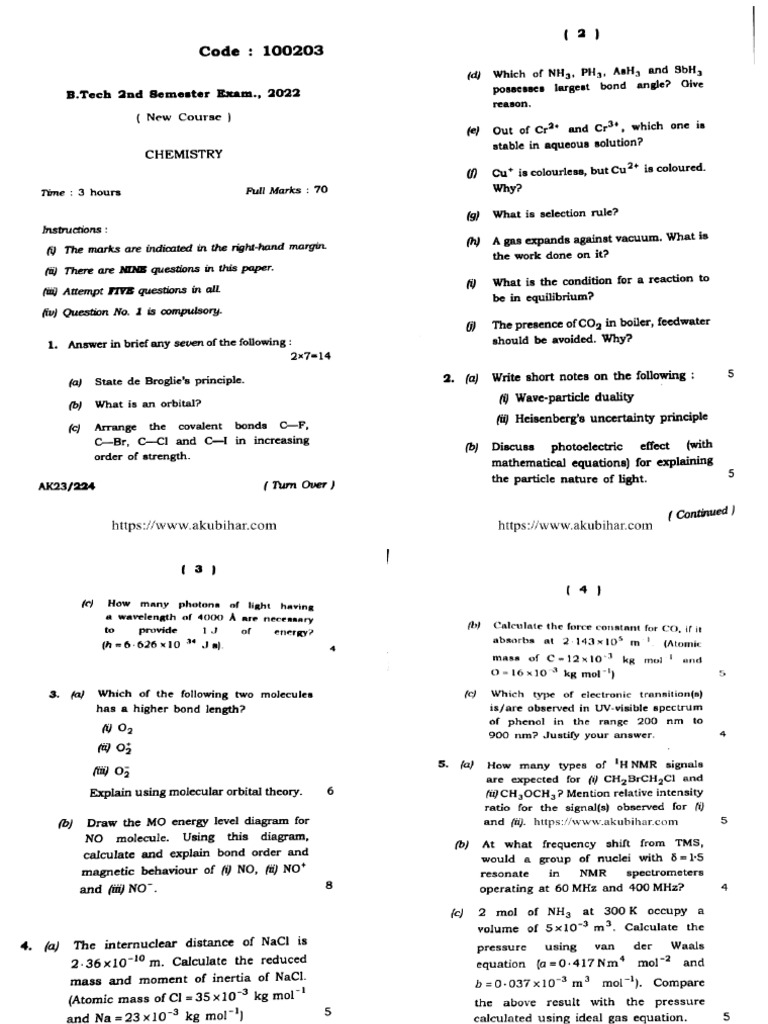 Btech 2 Sem Chemistry 100203 2022 | PDF Btech 2 Sem Chemistry 100203 2022 | PDF