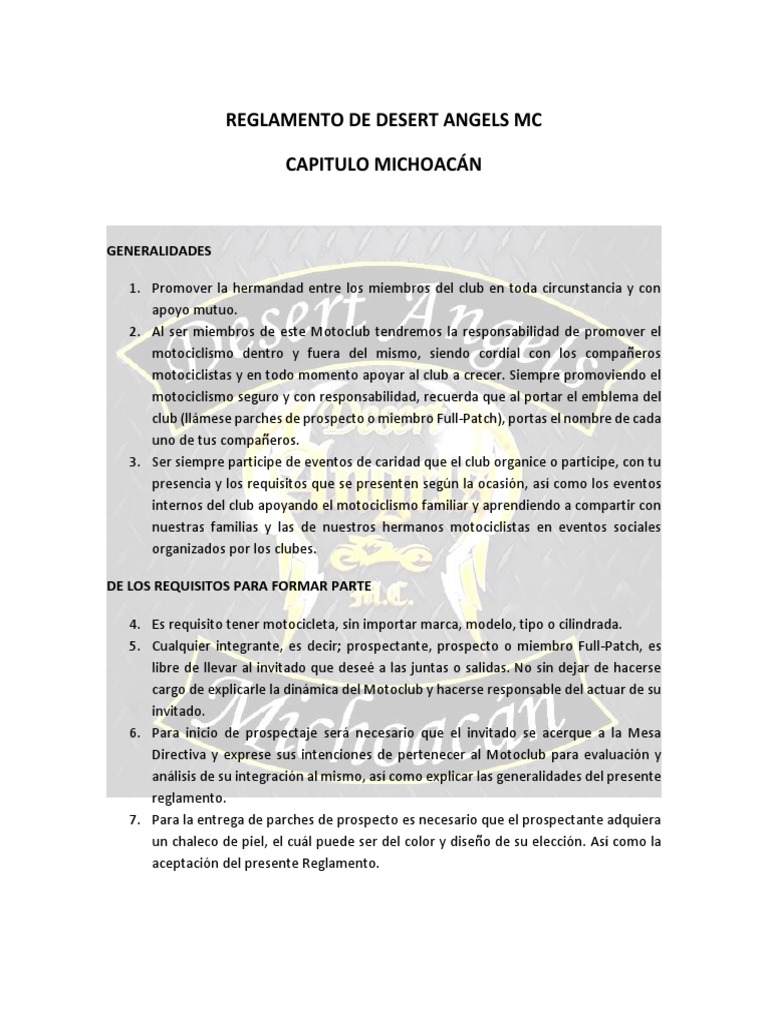 Reglamento Desert Angels MC Michoacán | PDF | Negocios | Finanzas y dinero