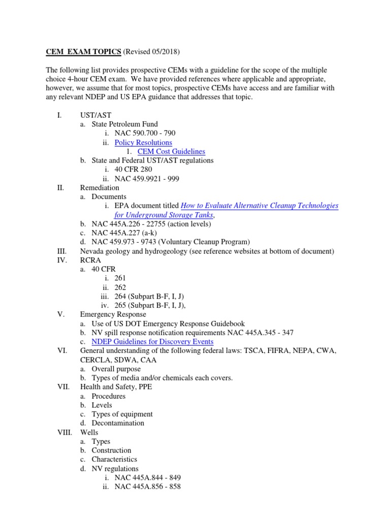 CEM Exam Study Guide Topics | PDF | Environmental Remediation ...