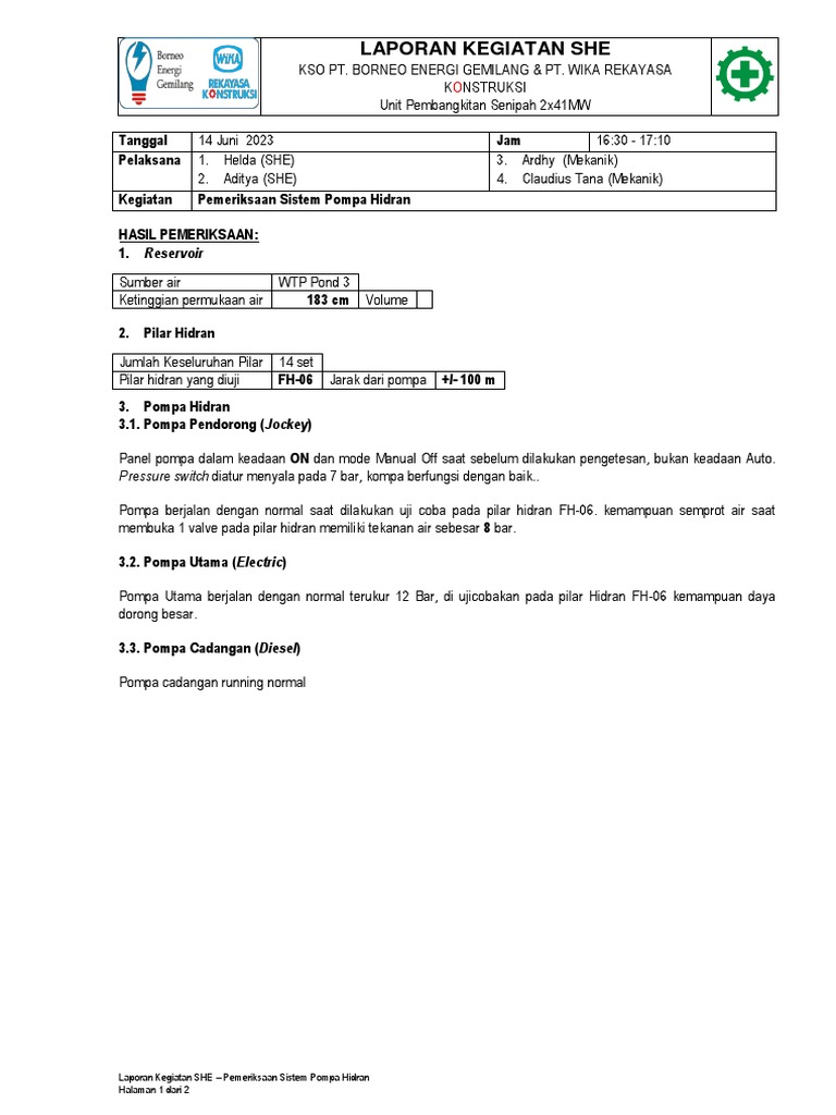 Ceklist System Hydrant 14 Juni 2023 | PDF