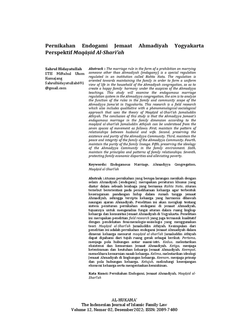 Pernikahan Endogami Jemaat Ahmadiyah Yogyakarta Perspektif Maqā Id Al ...