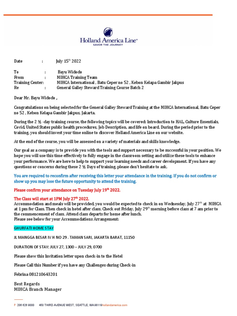 Welcome Letter General Galley Stewards B4 - Bayu Widodo | PDF