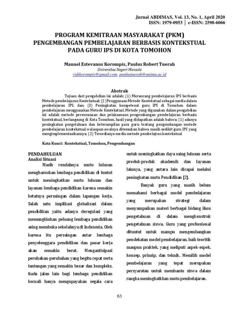 PROGRAM KEMITRAAN MASYARAKAT (PKM) Pengembangan Pembelajaran Berbasis Kontekstual Pada Guru IPS ...