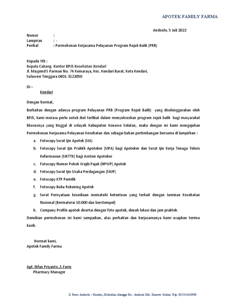 Surat Permohonan Kerjasama Pelayananan PRB | PDF