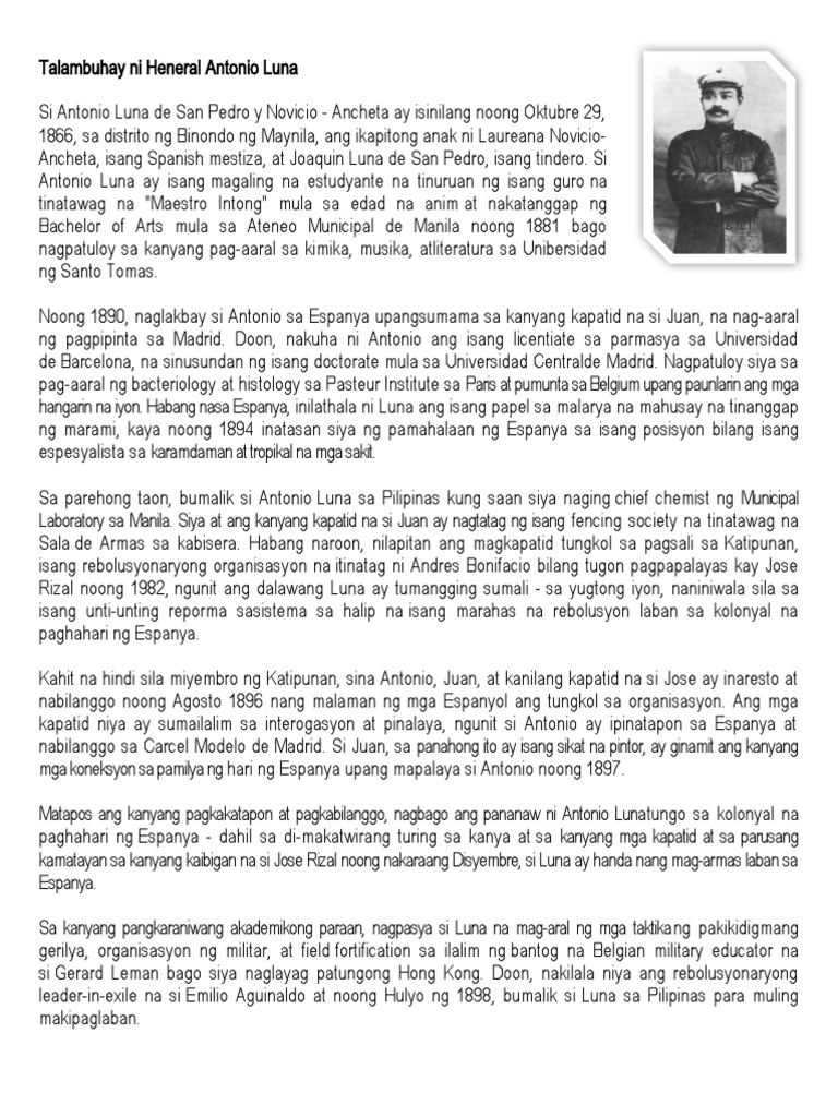 Talambuhay Ni Heneral Antonio Luna | PDF Talambuhay Ni Heneral Antonio Luna | PDF