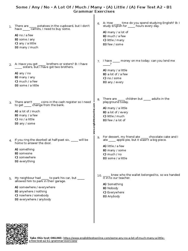 Some Any Much Many A Lot Of A Few A Little Exercises Pdf