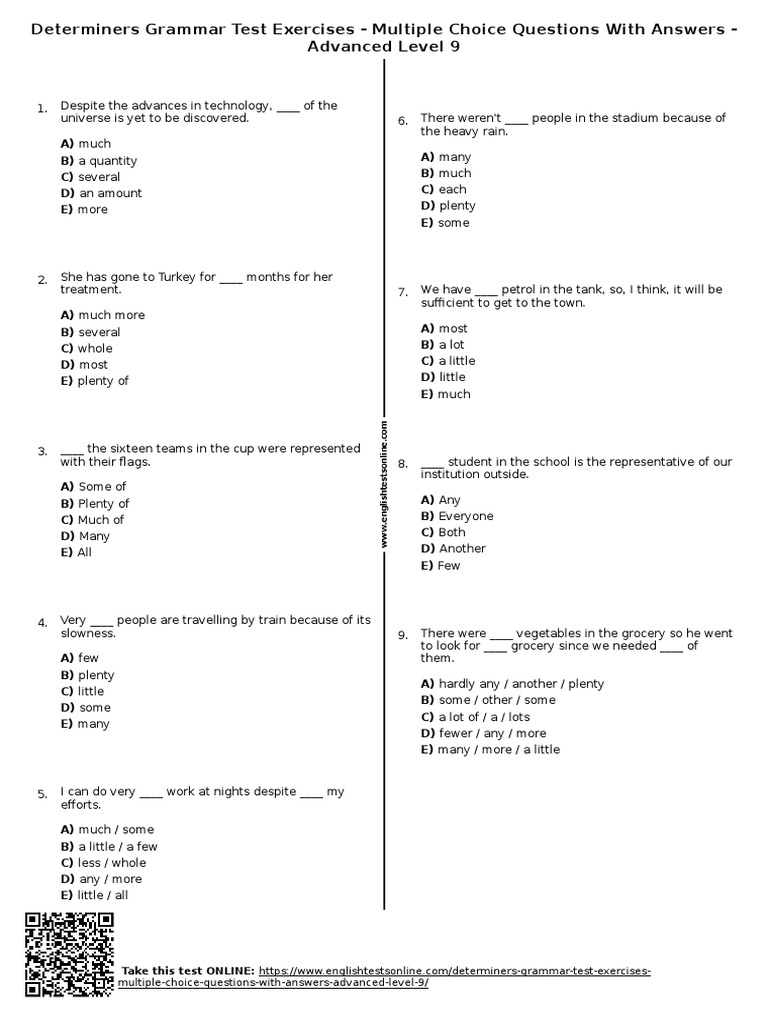 508 Determiners Grammar Test Exercises Multiple Choice Questions With ...