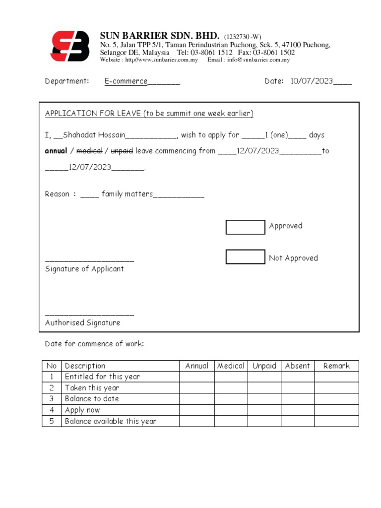 E-commerce Leave Application | PDF | Career & Growth | Business
