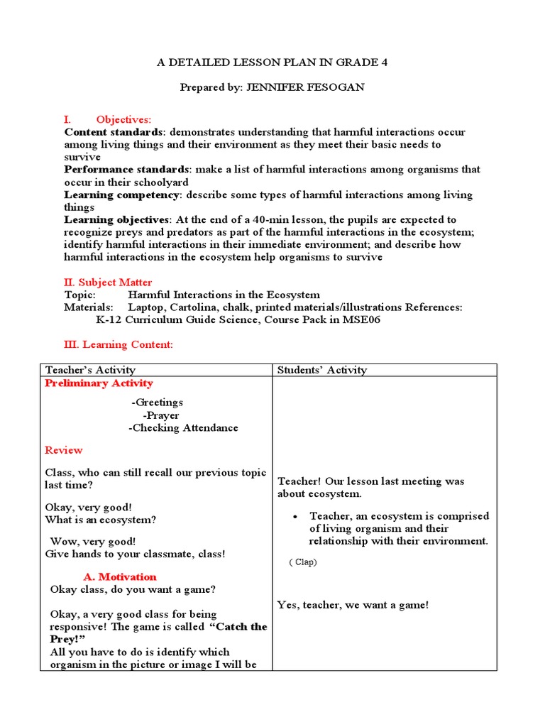 Grade 4 Lesson Plan: Ecosystem Interactions | PDF | Predation ...