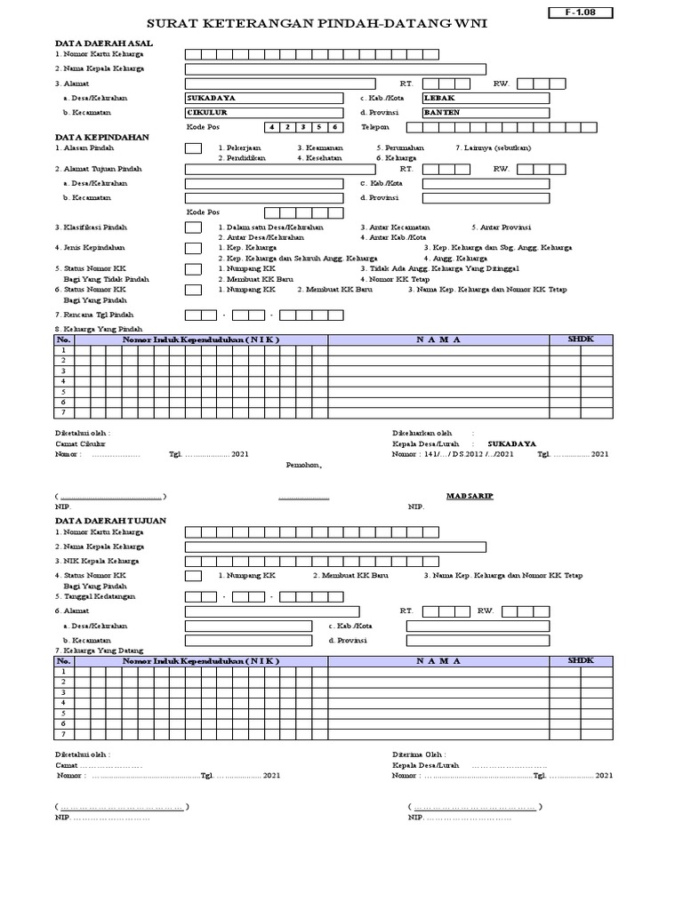 Surat Pindah F-1.08 | PDF