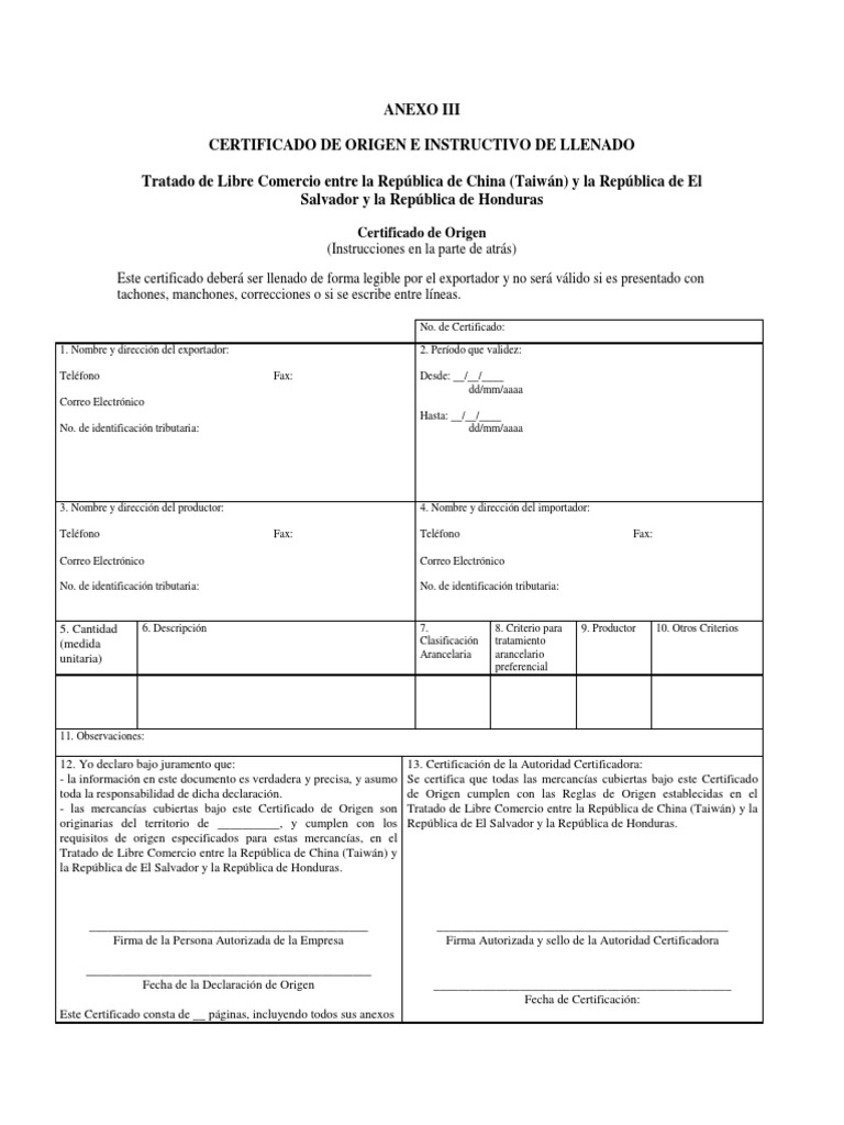 Formato CO-TLC-China (Taiwan) - El Salvador-Honduras | PDF