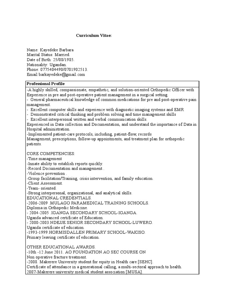 Kayedeke Barbara Updated CV | PDF | Orthopedic Surgery | Health Care