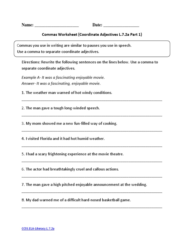 Commas with Coordinate Adjectives Worksheet | PDF | Language Arts ...