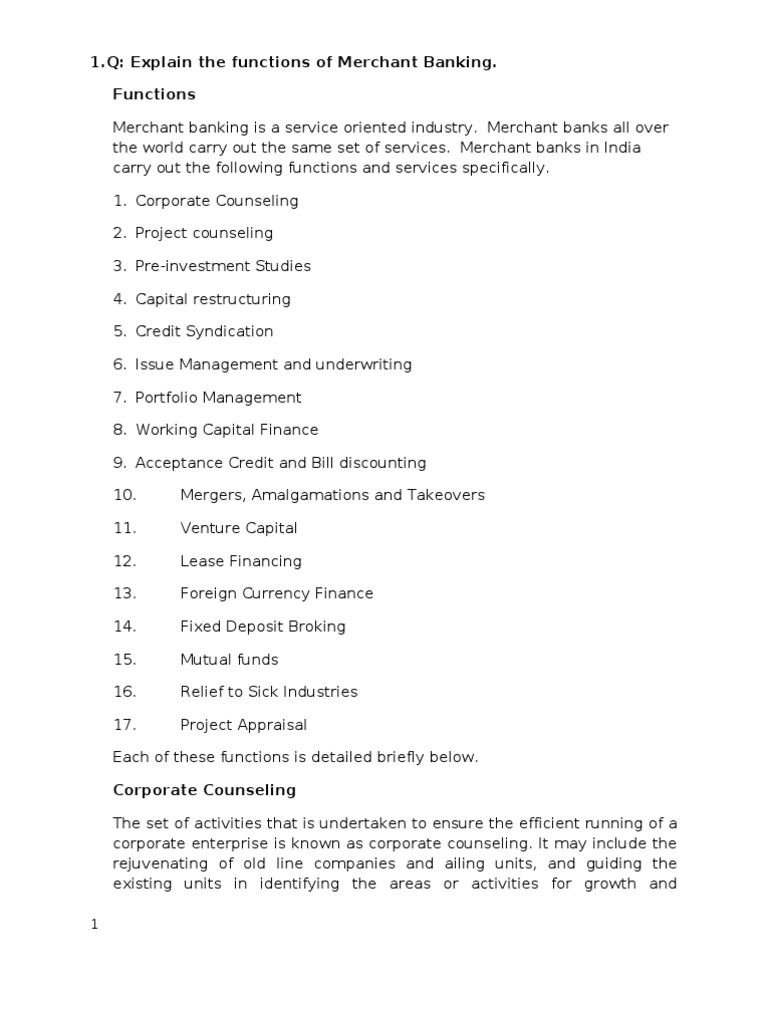 1.Q: Explain The Functions of Merchant Banking. Functions | PDF ...