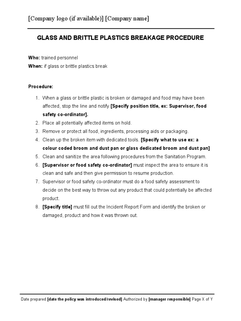 w07c Glass Plastics Breakage Proc | PDF | Food Safety | Audit