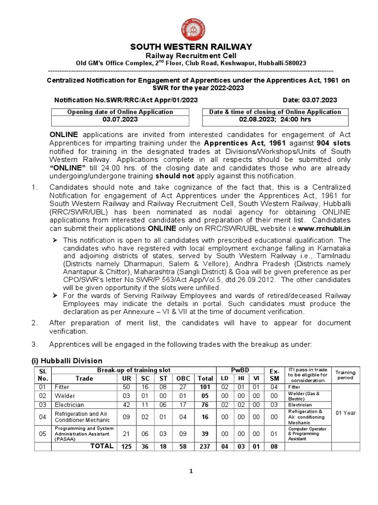 SWR Apprentice Recruitment 2023 Notification | PDF | Debit Card ...