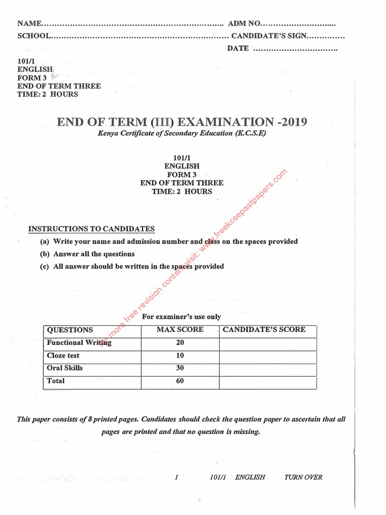 Form 3 English End Term Exam 2019 | PDF | Linguistics | Human Communication