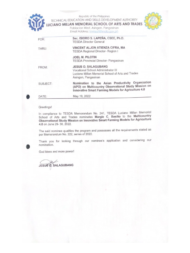TESDA LMMSAT Submission in Compliance To TESDA Memorandum No. 241, S ...