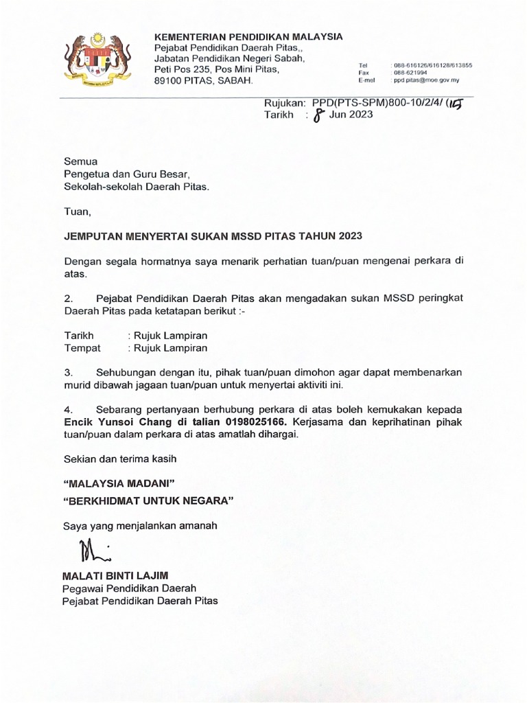 Surat Jemputan Menyertai Sukan MSSD | PDF