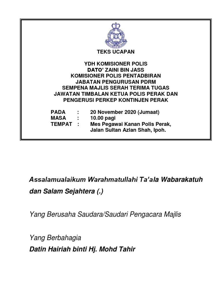 04 Teks Serah Terima Tugas Saksi - Bukit Aman | PDF