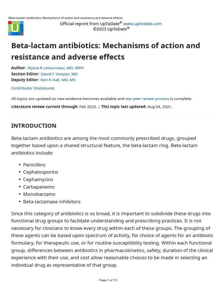 Beta-Lactam Antibiotics: Mechanisms of Action and Resistance and Adverse Effects | PDF | Beta ...