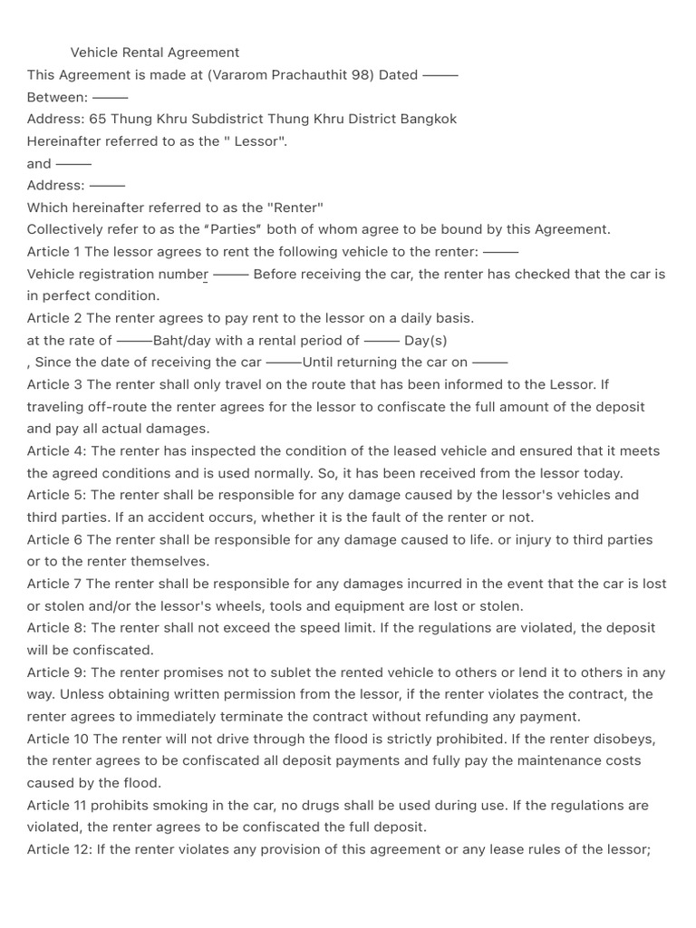 Vehicle Rental Agreement 2 | PDF | Lease | Renting