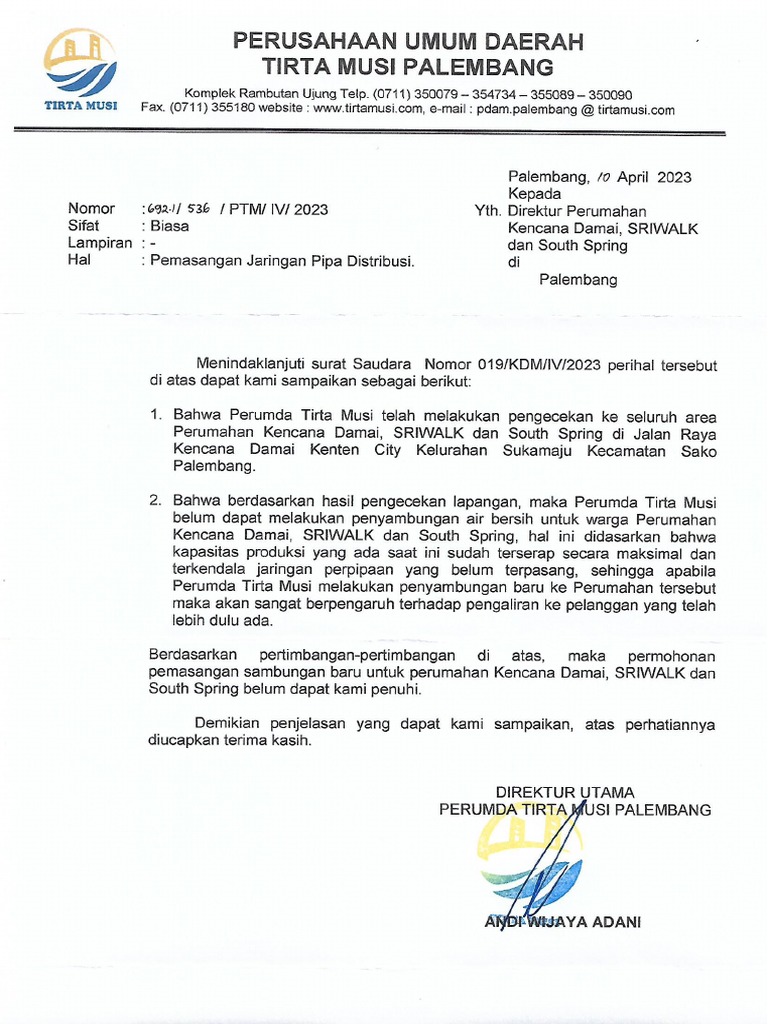 Surat Jawaban PDAM Perihal Pemasangan Jaringan Pipa Distribusi | PDF