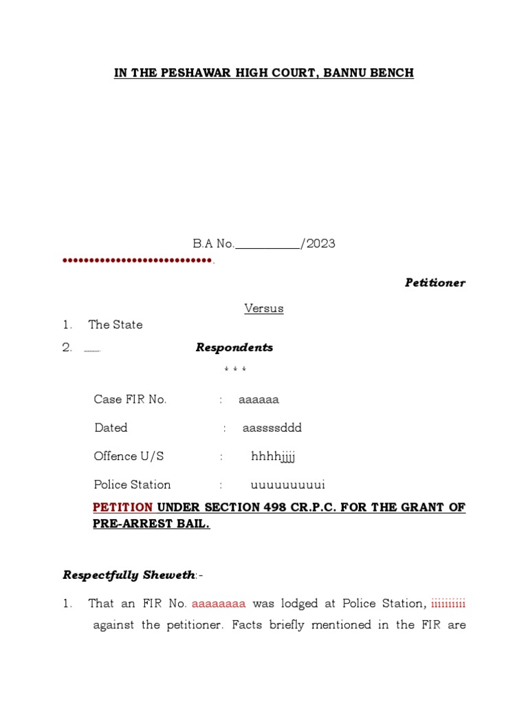 Format of Pre Arrest Bail Petitions | PDF | Bail | Public Law