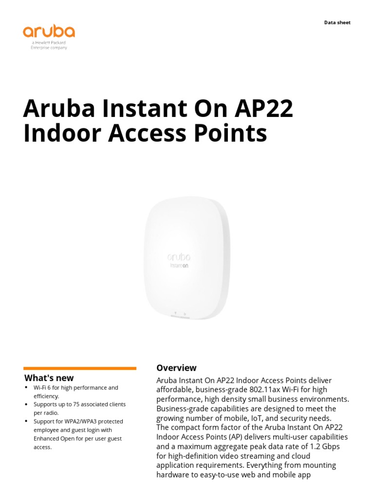 Aruba Instant On AP22 Datasheet | PDF | Wi Fi | Wireless Access Point