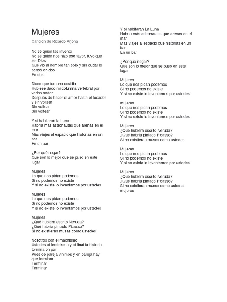Letra de La Canción Mujeres | PDF
