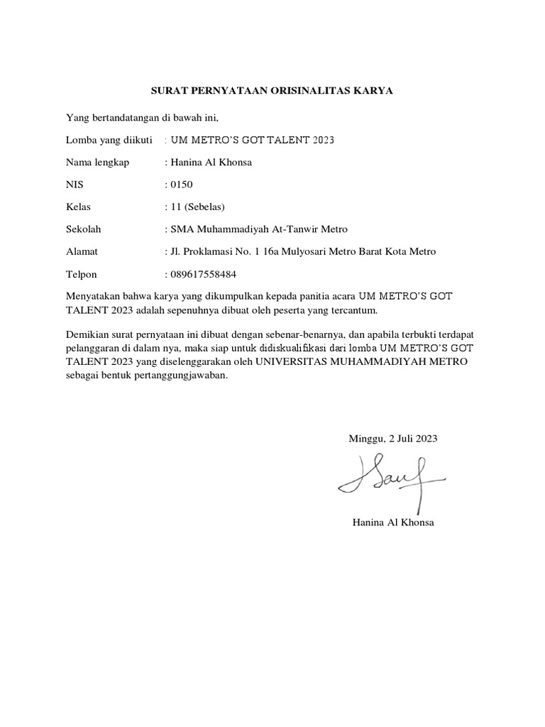 Surat Pernyataan Orisinalitas Karya - Hanina Al Khonsa | PDF