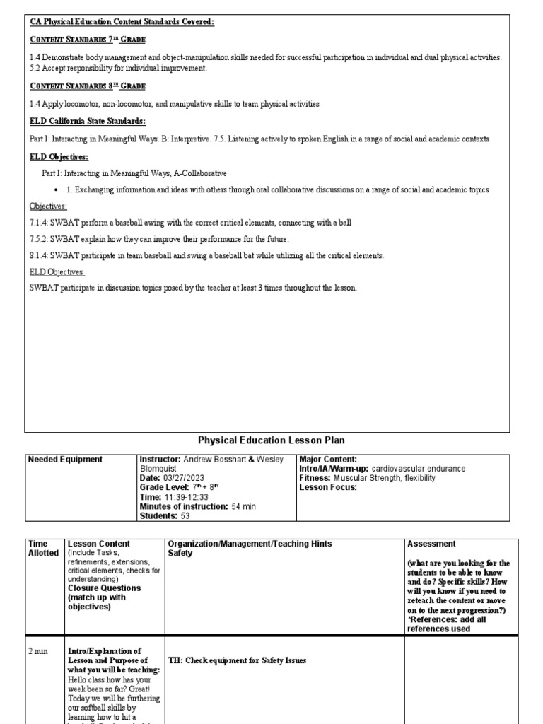 Self-Assessment Softball Lesson Plan | PDF | Lesson Plan | Rubric ...
