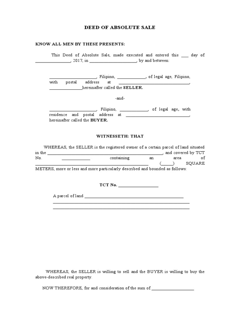 Deed of Absolute Sale Template | PDF | Deed | Sales
