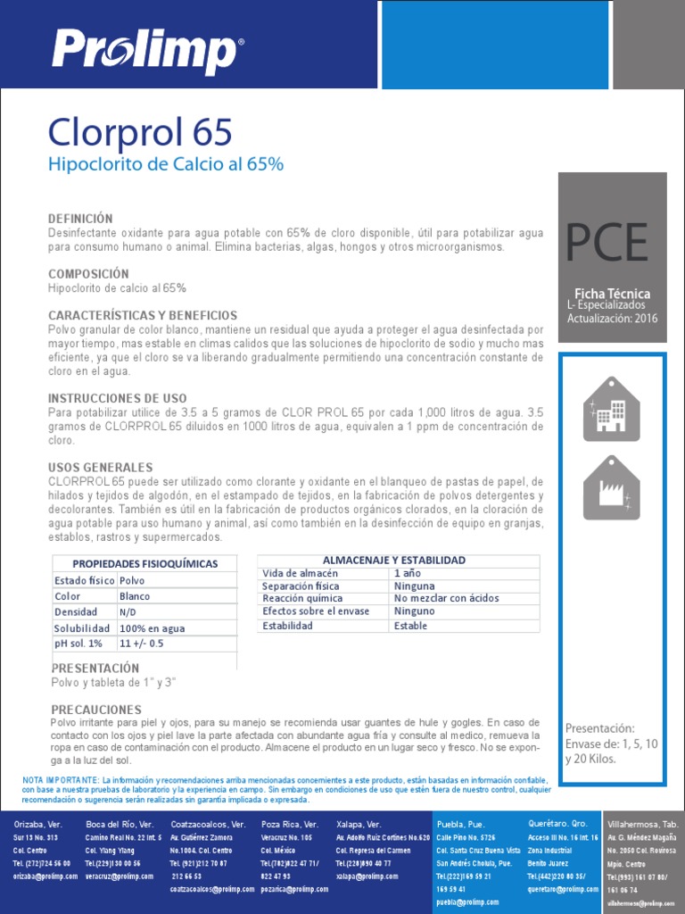 Ficha Técnica CLORPROL 65 | PDF | Agua | Cloro