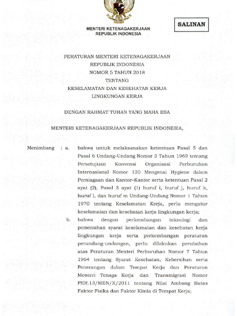 Permenaker No 5 THN 2018 (Kebisingan Dan Getaran) | PDF