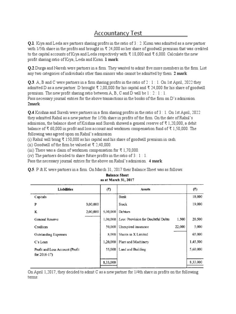 Accountancy Test 2 | PDF | Goodwill (Accounting) | Balance Sheet
