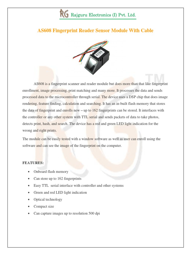 AS608 Fingerprint Reader Sensor Module | PDF | Fingerprint | Flash Memory