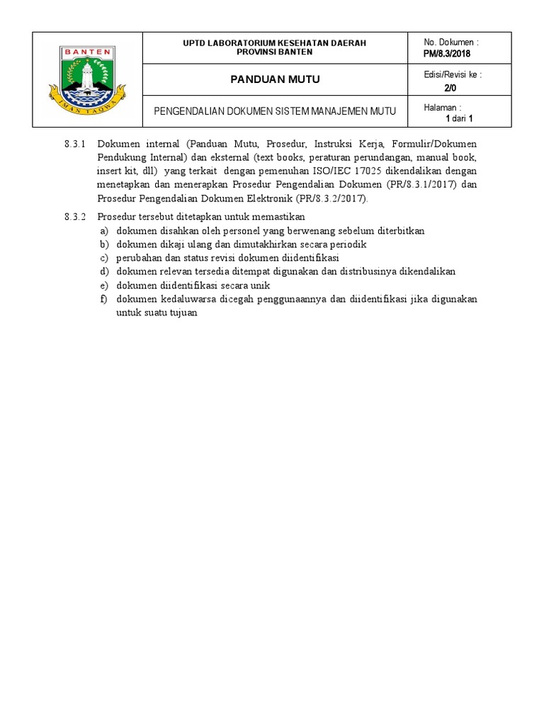 Contoh Pedoman Mutu Pengendalian Dokumen Sistem Manajemen Mutu | PDF