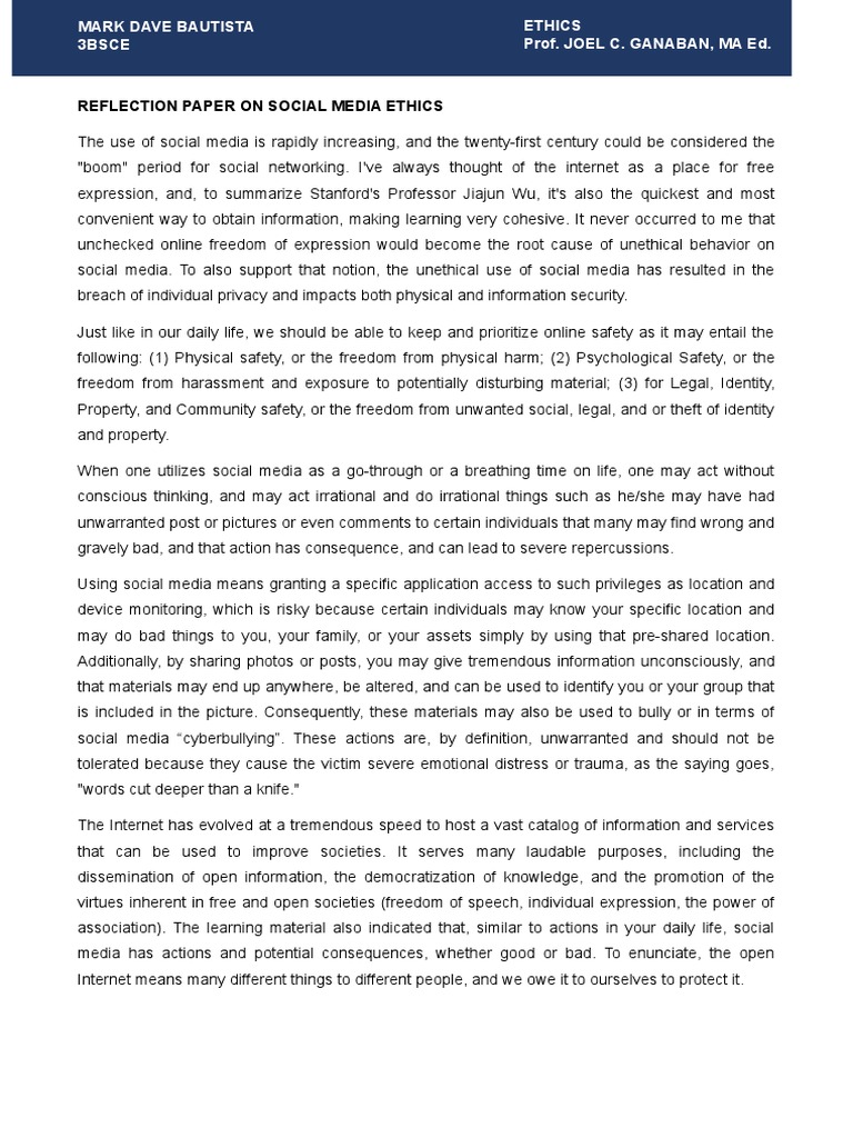 Social Media Ethics Reflection | PDF | Social Media | Popular Culture ...