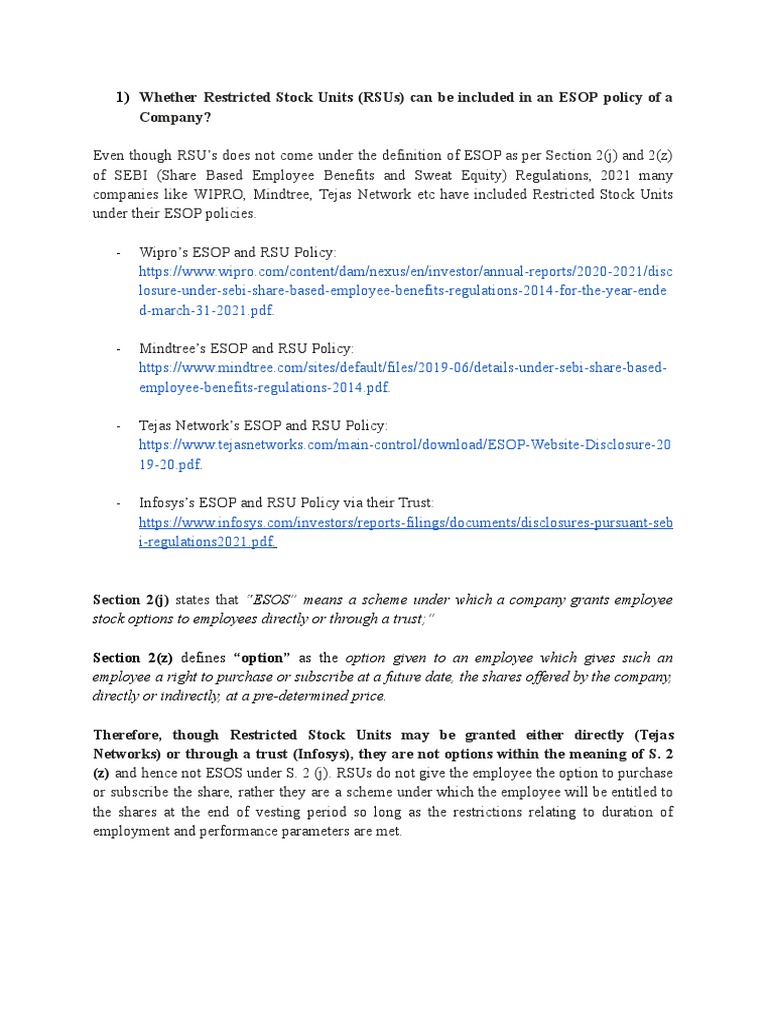 Research Note On RSU and ESOP | PDF | Stocks | Securities (Finance)