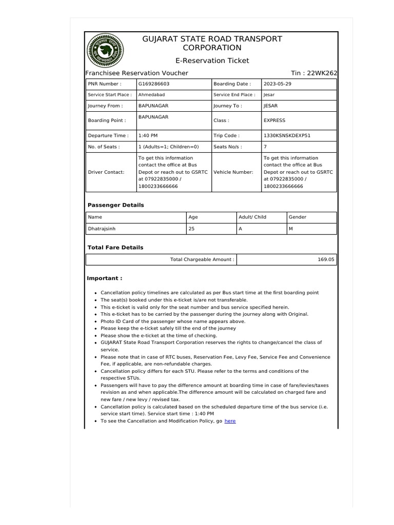 Gujarat Bus E-Ticket Details | PDF | Fare | Bus